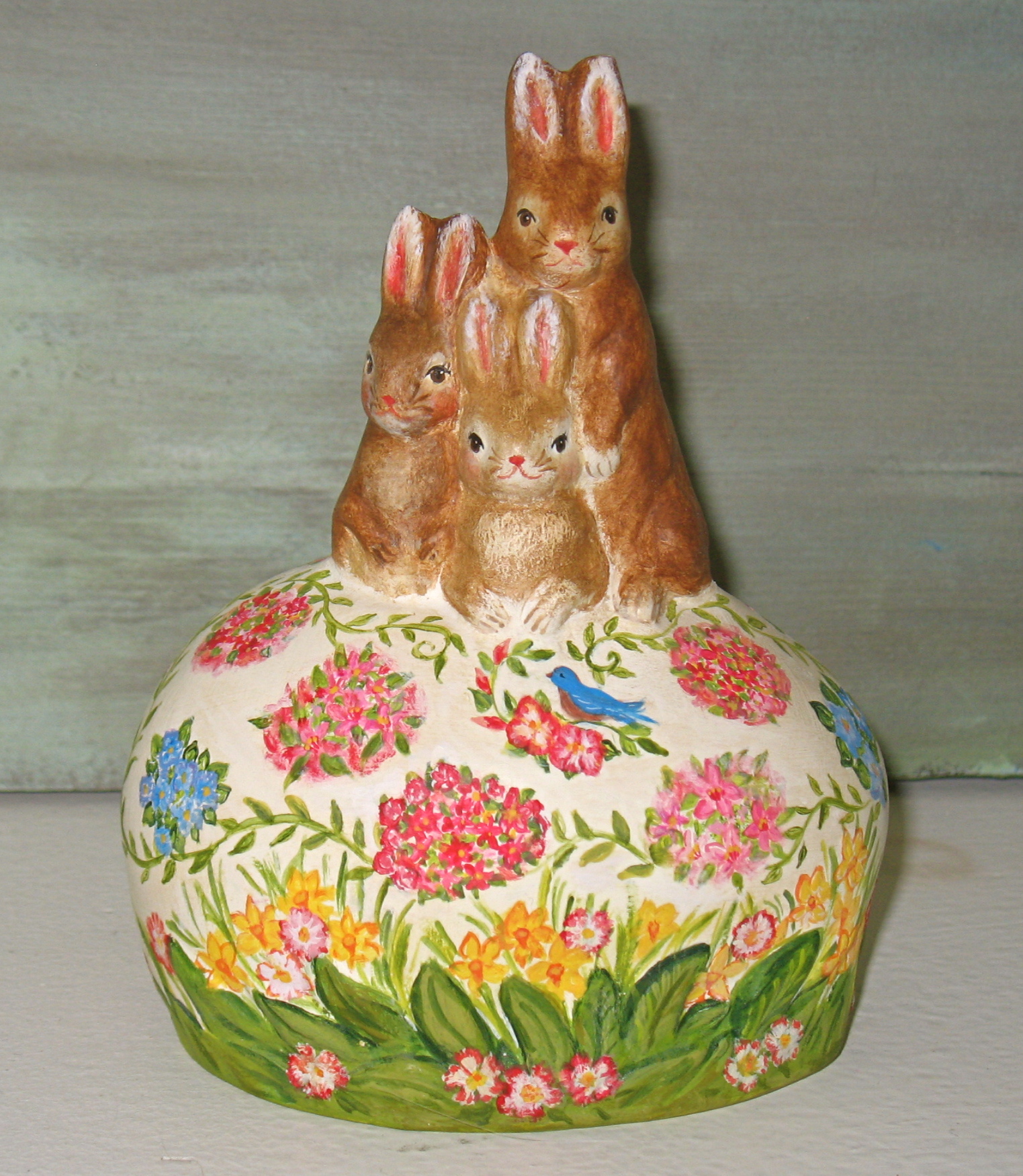 Chalkware Rabbit family sitting in floral decorated egg, hand crafted ...
